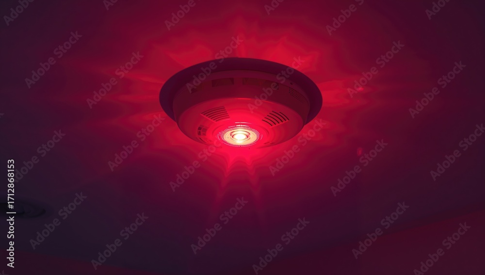 Installation of smoke alarm with red alert light on the ceiling of a ...