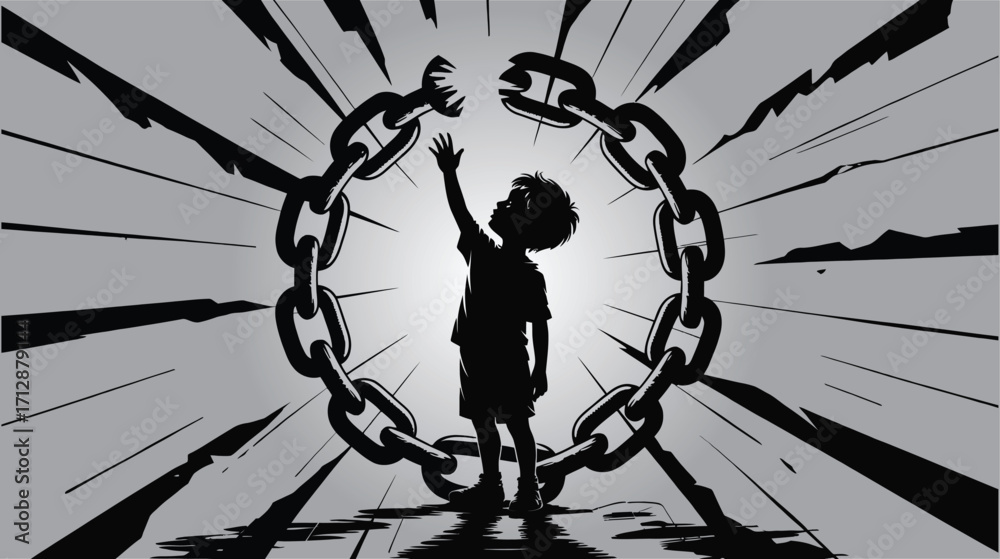 Empowered young child breaking free from chains, inspiring hope and ...