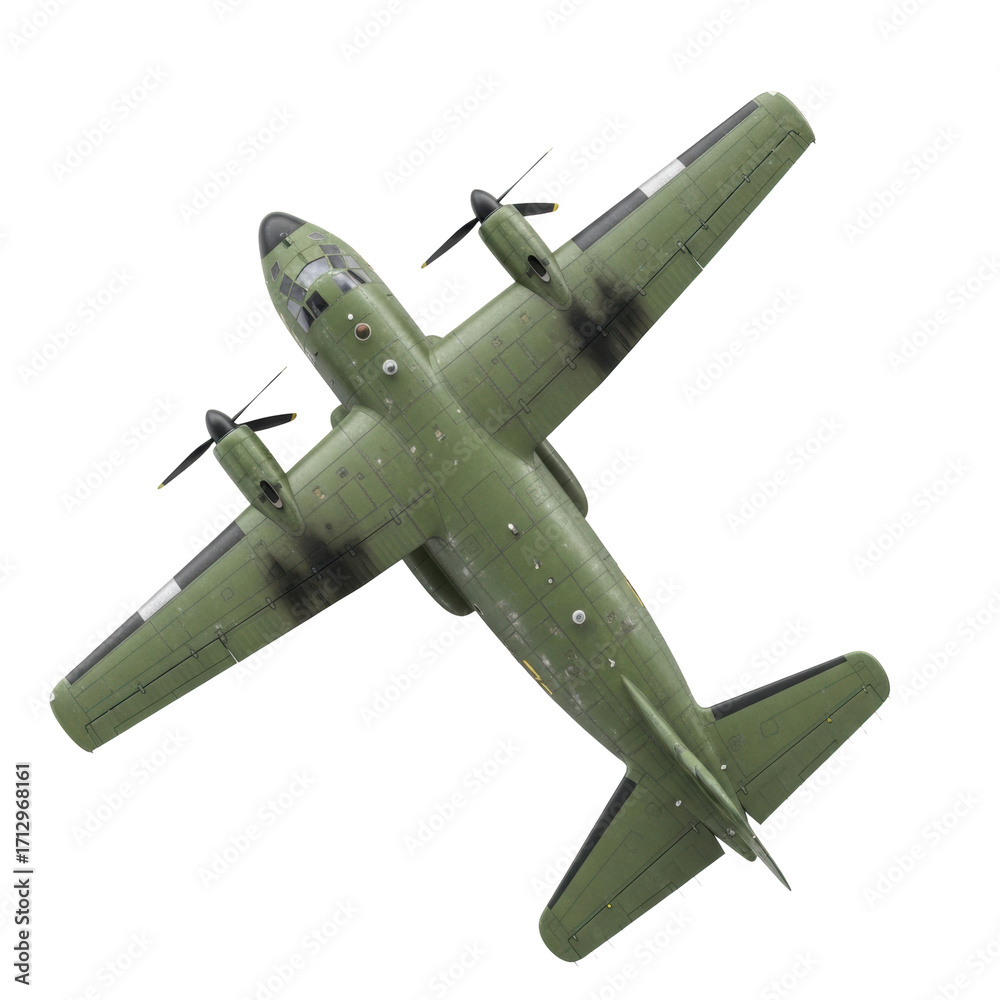Top-down aerial view of a rugged, olive green cargo airplane with ...