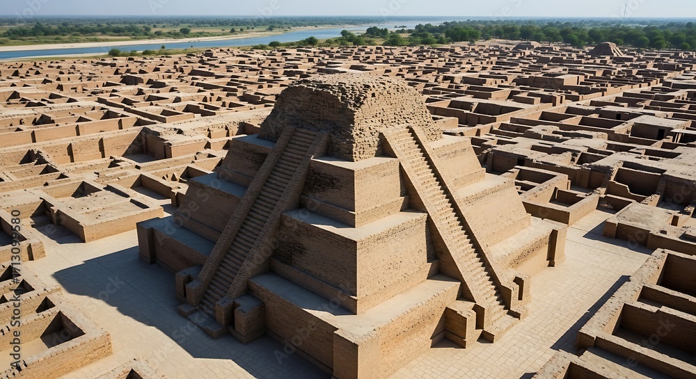 Ancient city ruins display a massive stepped pyramid structure amidst a ...