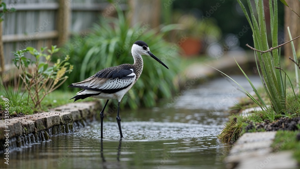Black-winged stilt wading through garden overflow channel Stock Photo ...