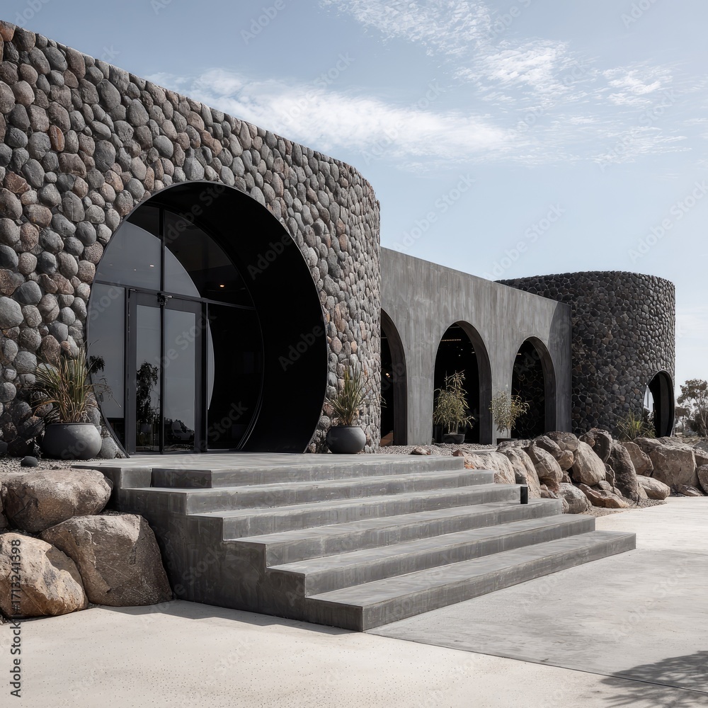 A modern architectural building facade featuring a series of large ...