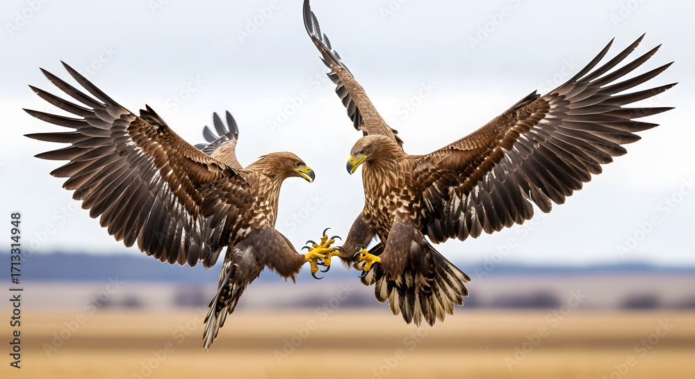 Two powerful eagles locked in aerial combat with outstretched wings and ...