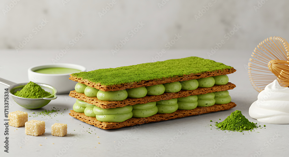 Matcha mille-feuille | A layered matcha mille-feuille pastry with cream ...