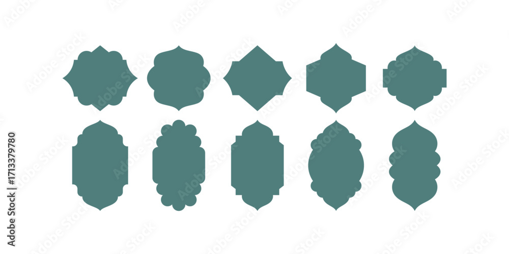 A decorative set of Islamic shape silhouette borders with colored ...