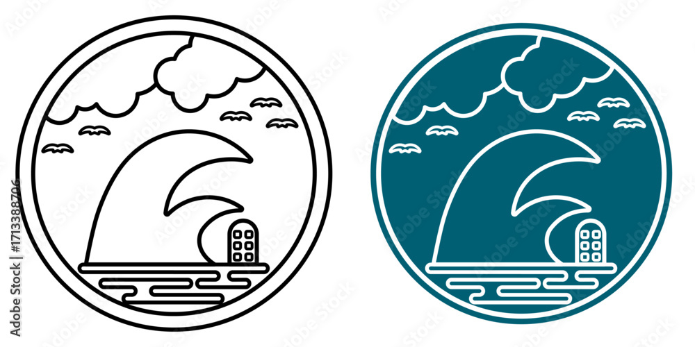 Tsunami line drawing icon, One of Major disasters in the Ring of Fire ...