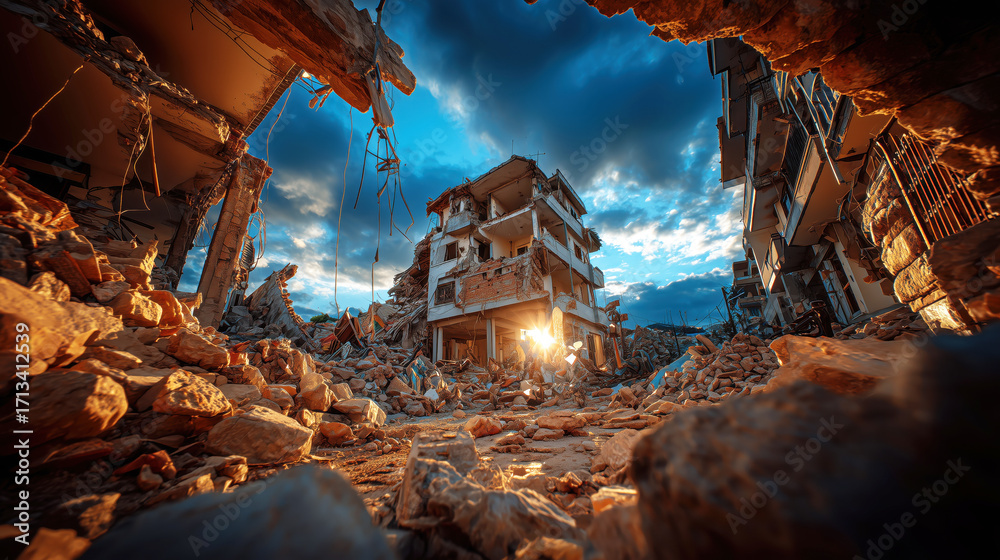 Destructive aftermath of earthquake showcasing collapsed buildings and ...