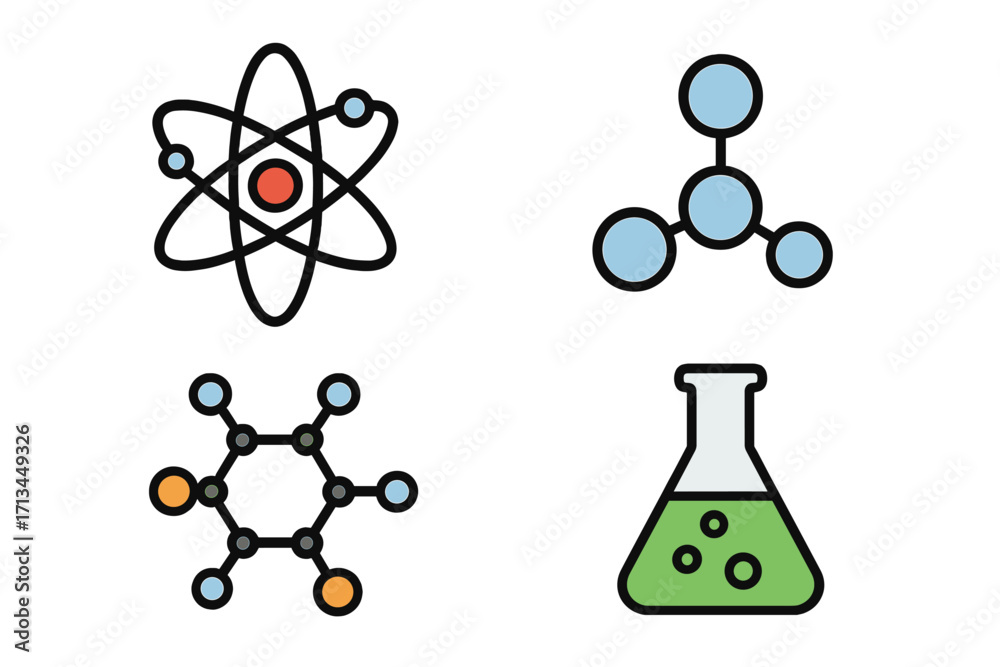 Science Chemistry Physics icon set. Atom, molecule, chemical compound ...