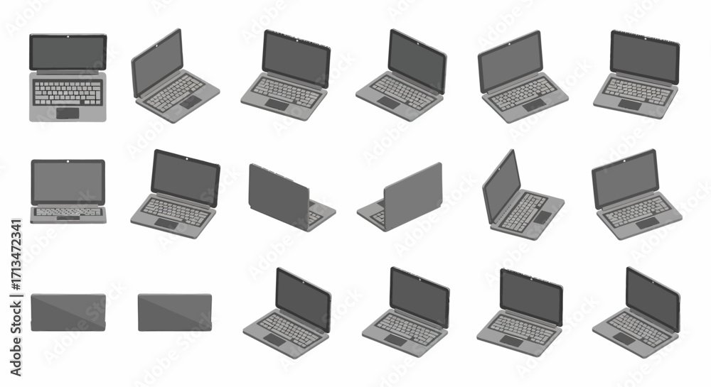 Various isometric views of a gray laptop computer, showcasing different ...