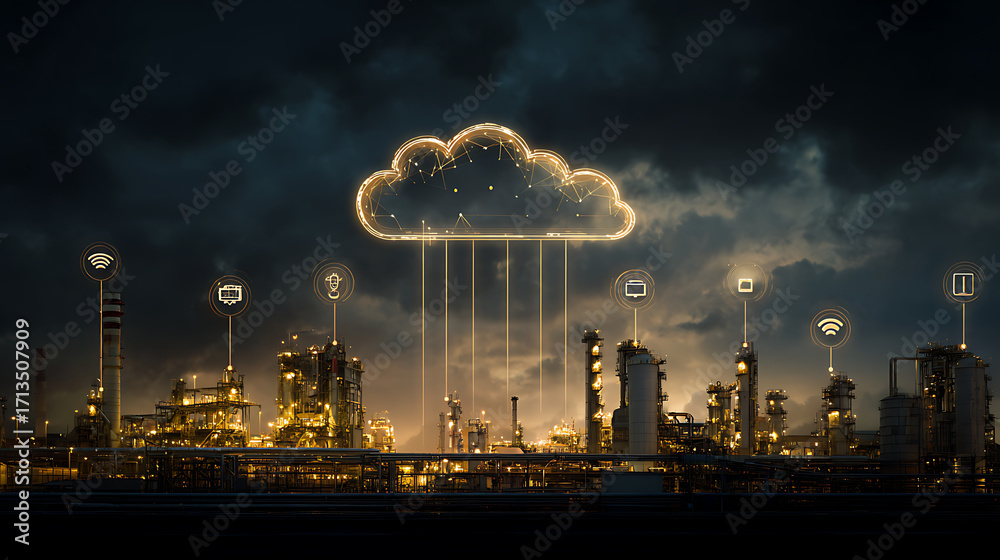 Cloud icons and AI symbols hover above automated industrial zones with ...