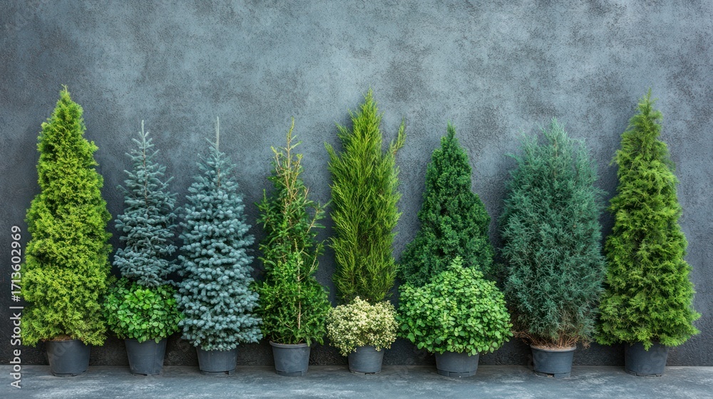 Row of potted evergreen trees against a textured wall. Possible use ...