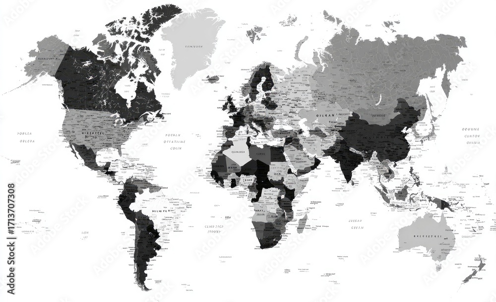 Stock-Foto „Grayscale world map with country borders and shaded regions ...