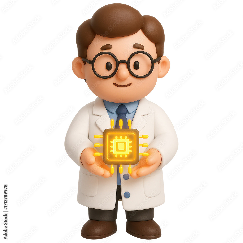 Cute Cartoon Scientist Holding Microchip in White Lab Coat and Glasses ...