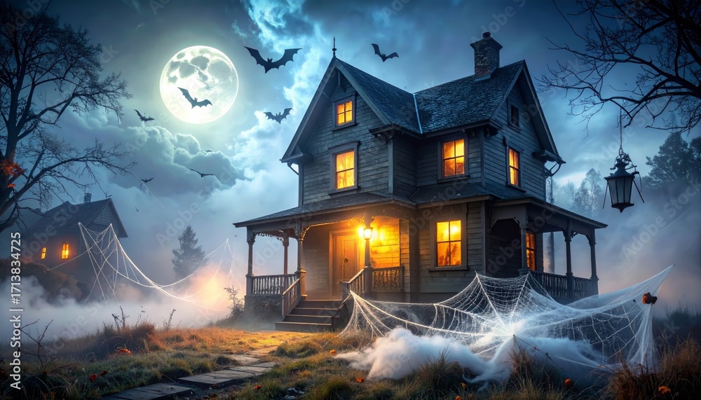 Spooky haunted house silhouette under a dark night sky with bats and ...