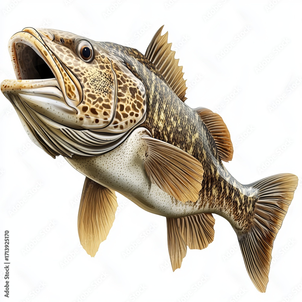 A large grouper fish with thick body and mottled skin pattern, side ...