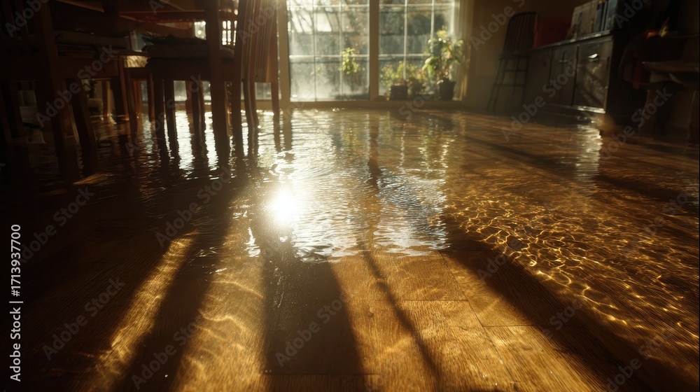 Beautiful photo of floodwater spreads across wooden floor, sunlight ...