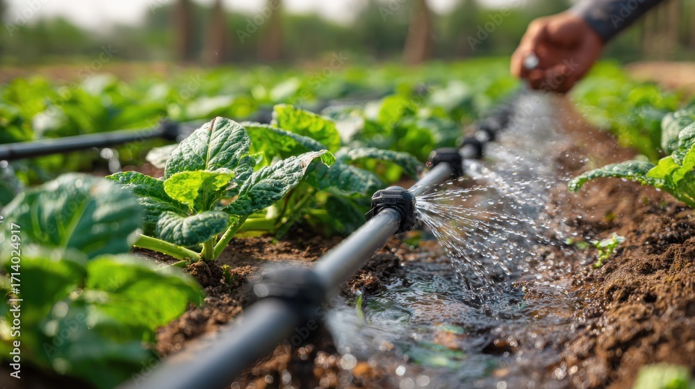 Farmer using drip irrigation on vegetable field representing ...