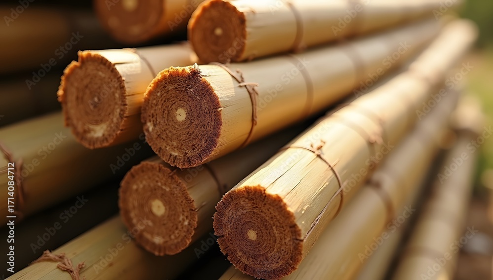 ภาพถ่าย Stock A stack of freshly cut bamboo stalks, tied together and ...