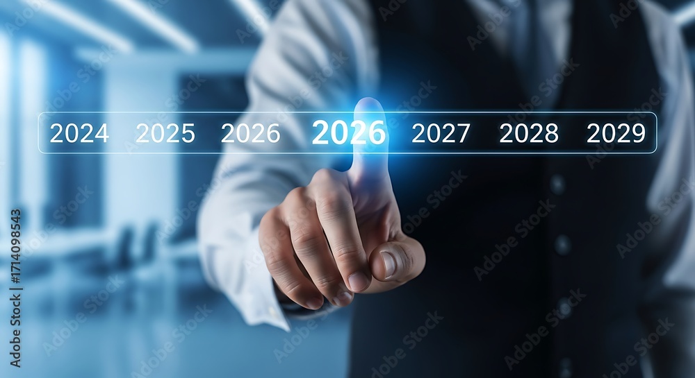 Executive touching glowing virtual timeline highlighting 2026 for ...