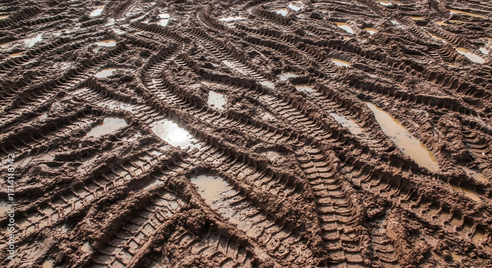Vehicle tracks and puddles of standing water in the mud creating a ...