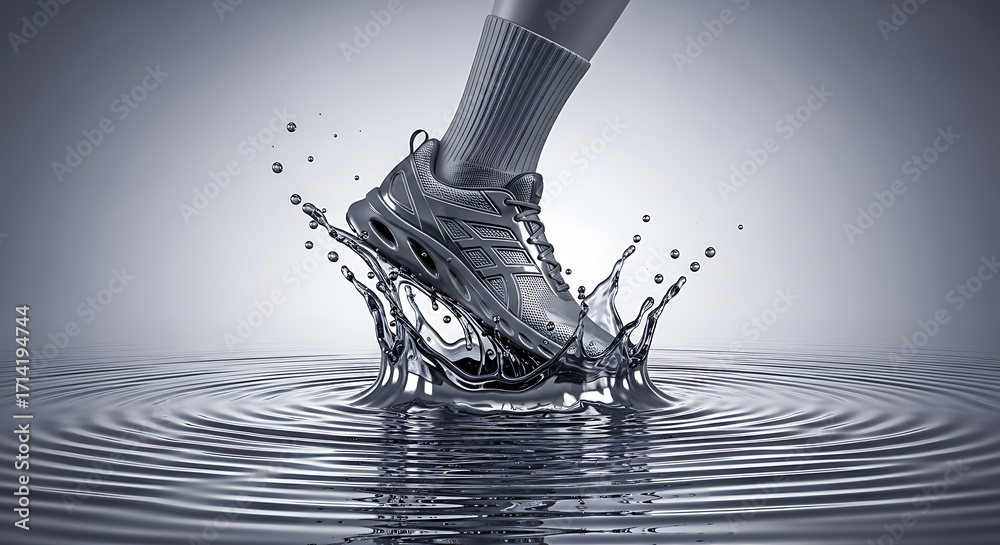 Dynamic athletic shoe creating a powerful splash in water, capturing ...