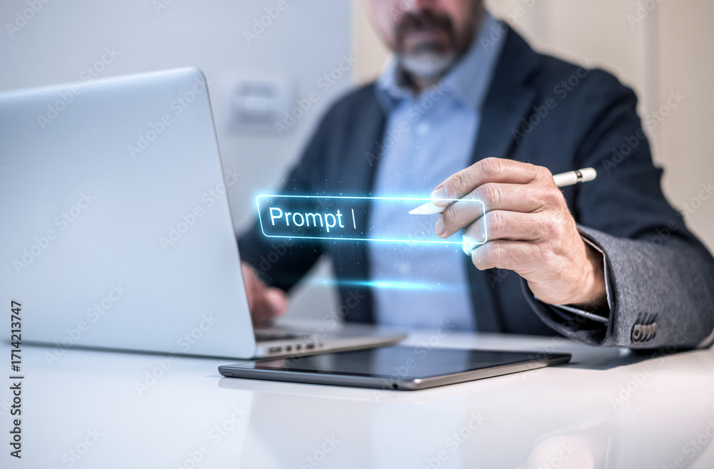 Businessman writing a prompt on a futuristic virtual screen to command ...