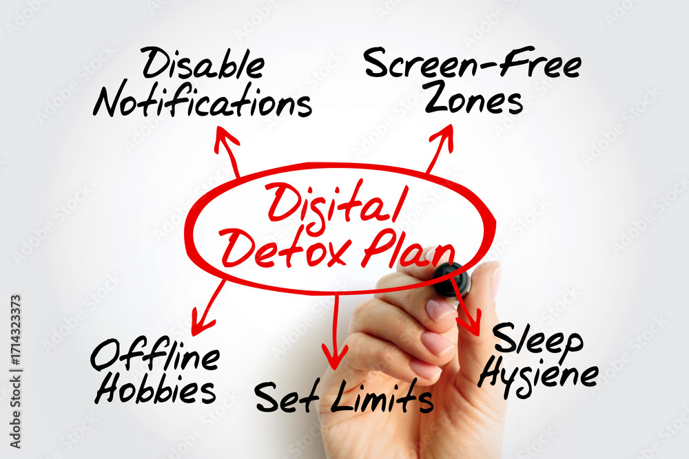 Mind map titled Digital Detox Plan lists strategies for reducing screen ...