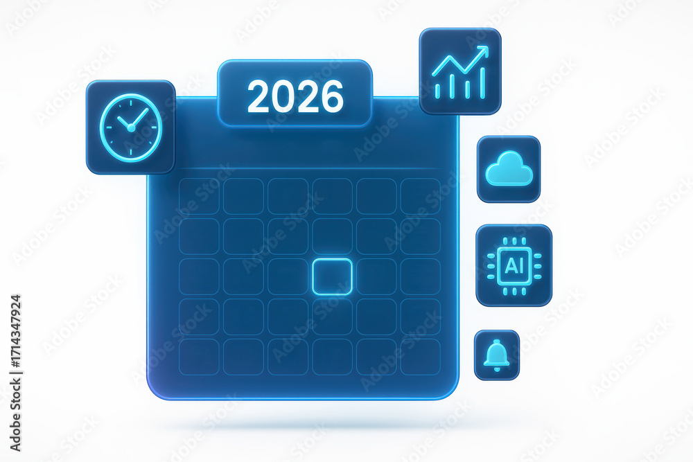 Futuristic Calendar Display for Year 2026 with Icons of Time, Data, and ...