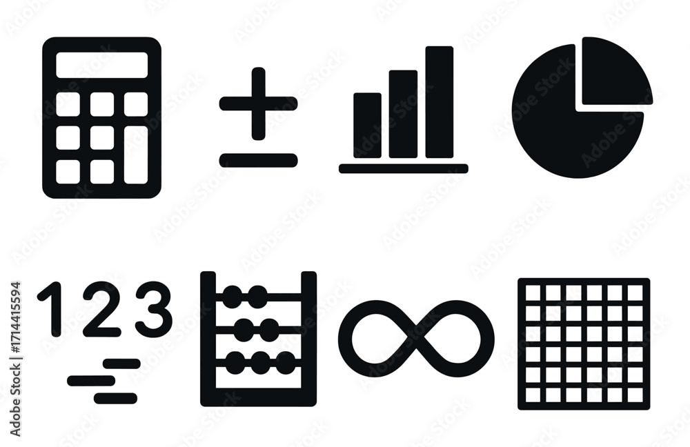 Mathematics silhouette icon set. featuring calculator, plus, chart, pie ...