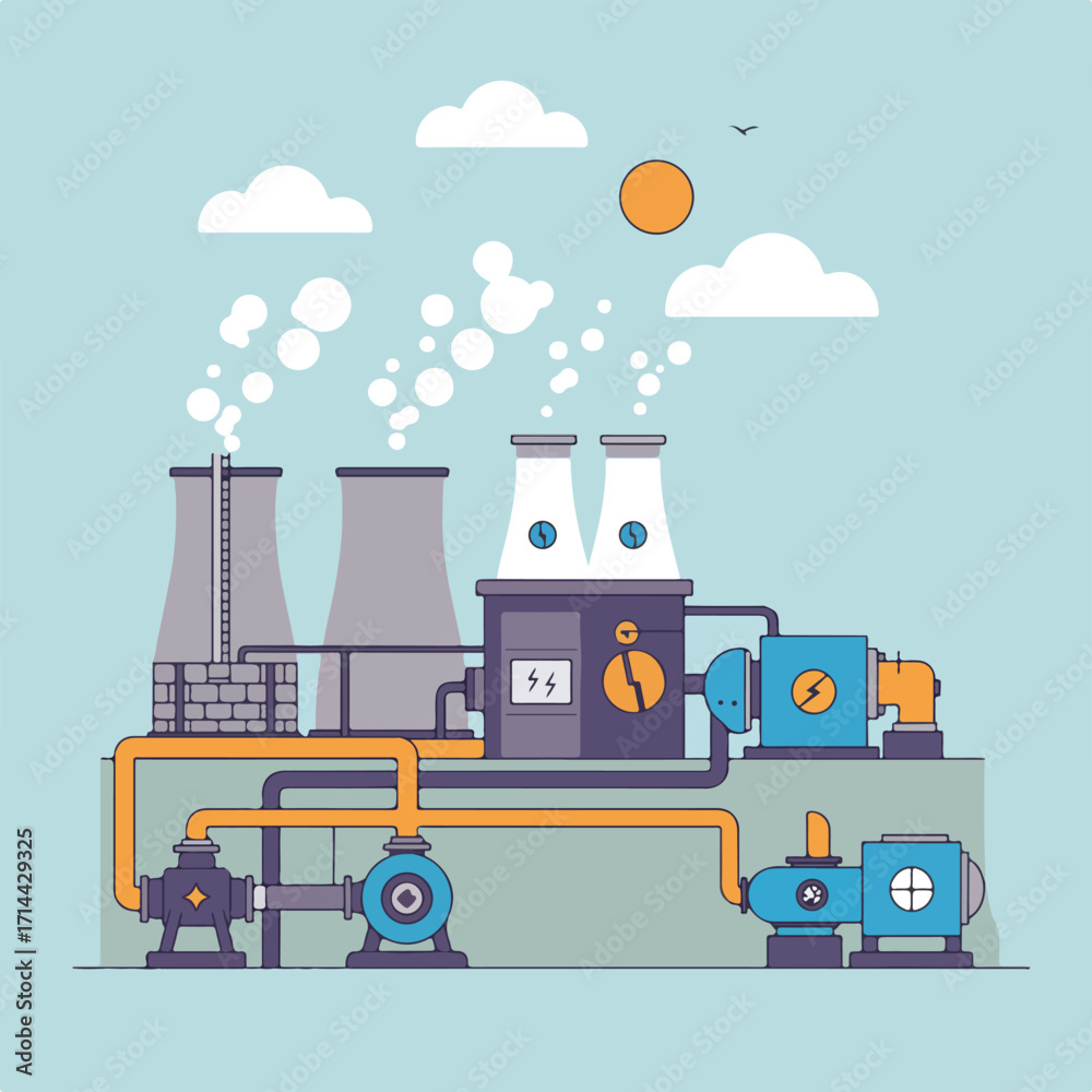 Stylized cartoon nuclear power plant with pipes, steam, cooling towers ...