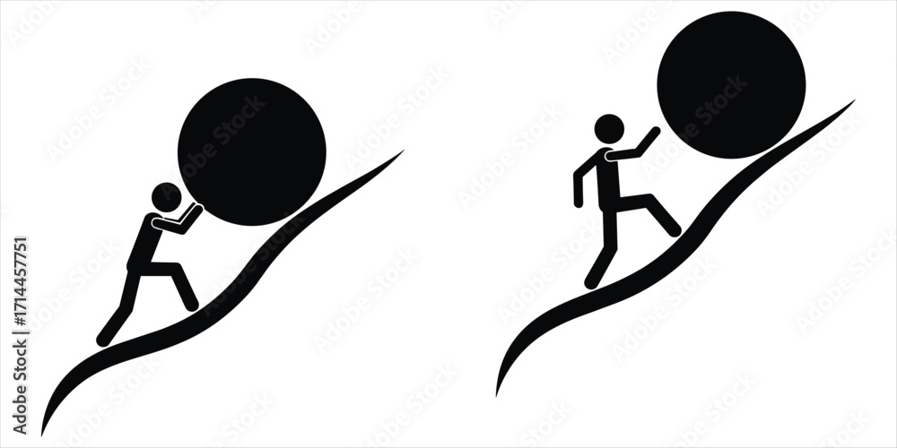 Stick Figure Pushing and Climbing a Sphere Up a Curved Slope silhouette ...