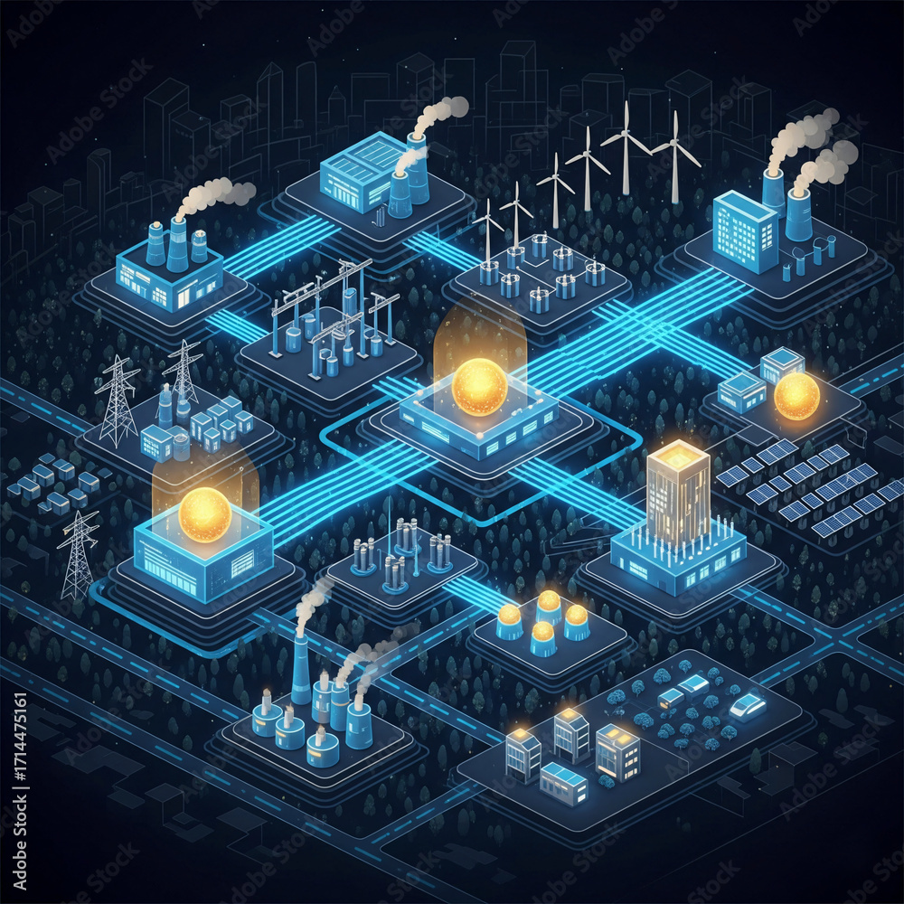 Stock-Foto „Isometric Smart Grid Network with Power Plants, Renewable ...