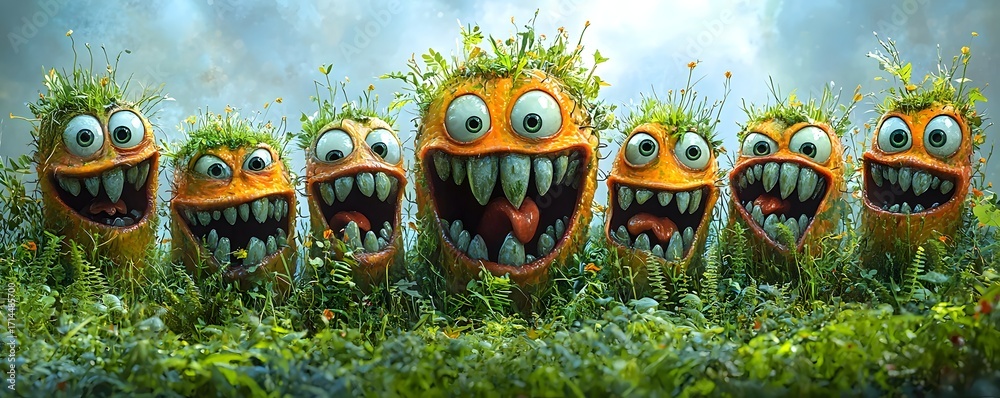 Mischievous grass covered cartoon monsters with sharp teeth and bulging ...