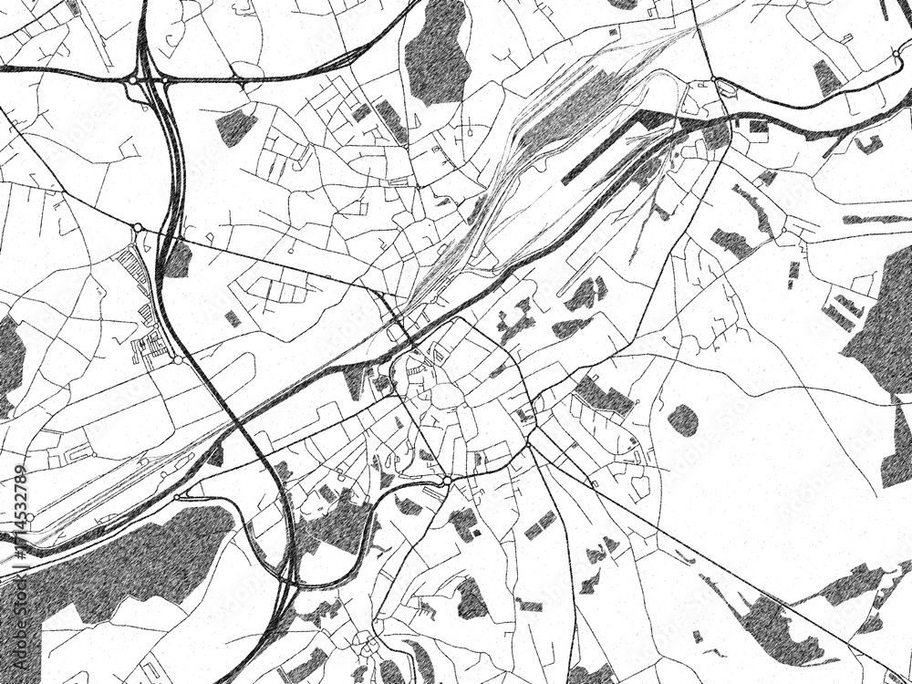Illustrated city map of Chatelet, Belgium, in black and white, showing ...
