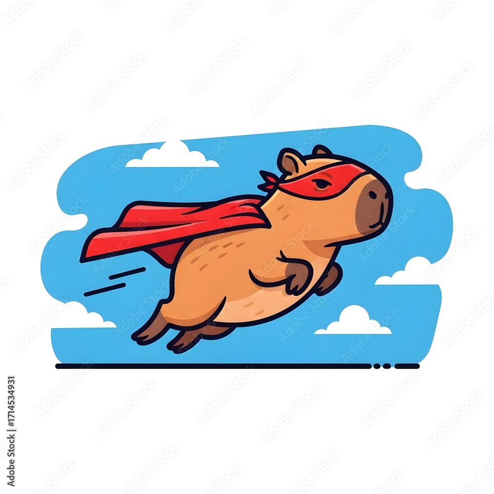 Superhero capybara soaring across blue sky with red cape and mask, fun ...