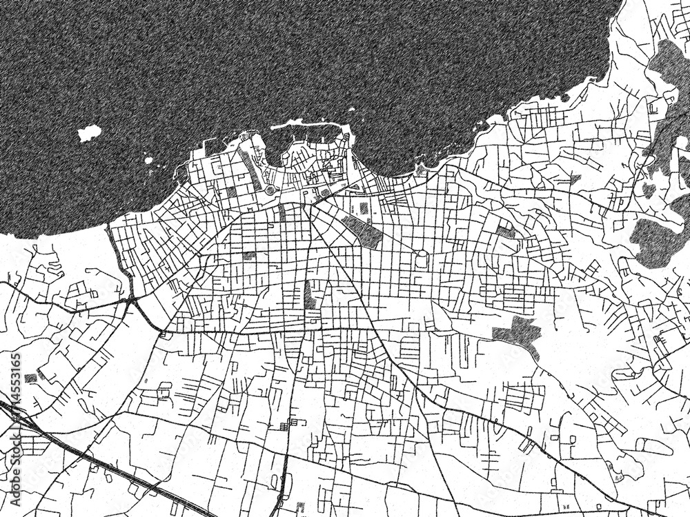 Illustrated city map of Chania, Greece, in black and white, showing ...