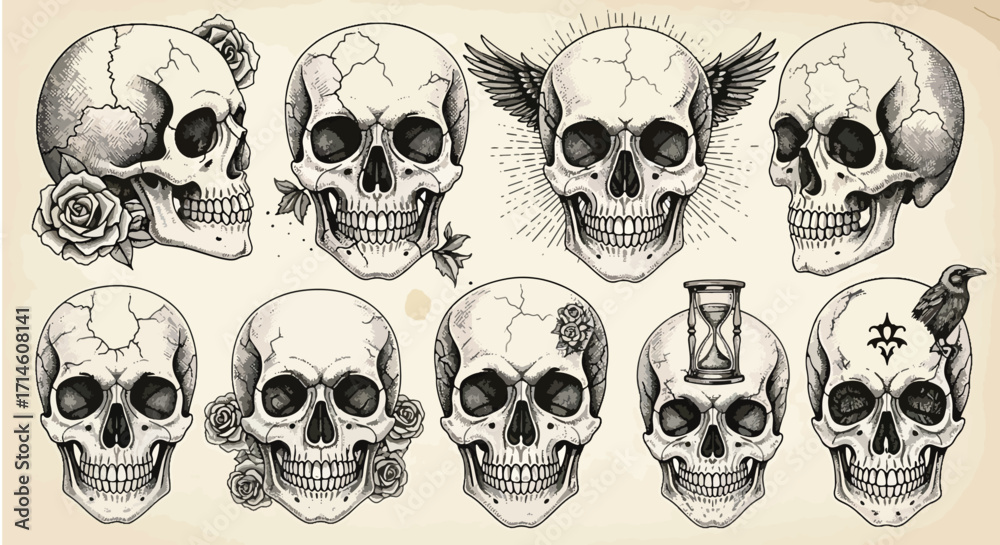 Vintage anatomical illustrations of human skulls with shading and ...