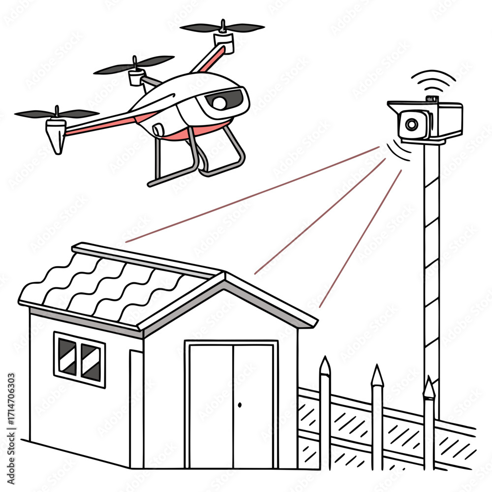 Drone surveillance technology monitors a small building and security ...