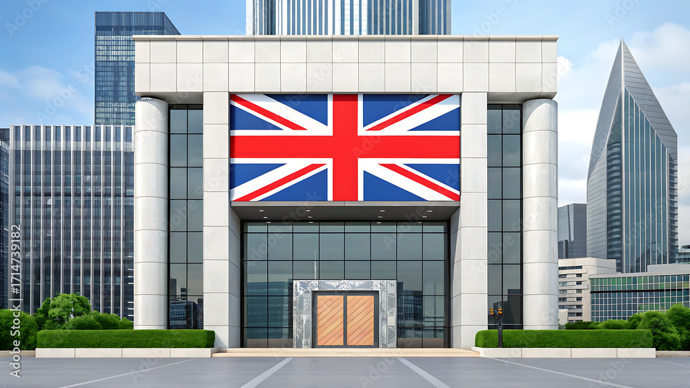 Modern british bank building facade featuring the union jack flag ...