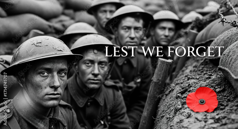 Lest We Forget. Soldiers in a trench with a red poppy. A historic World ...