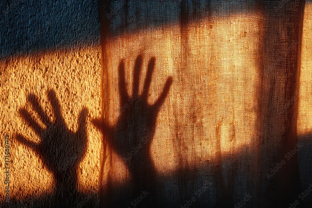 Dramatic Shadows of Two Hands Pressed Against Wall and Lighted Curtain ...