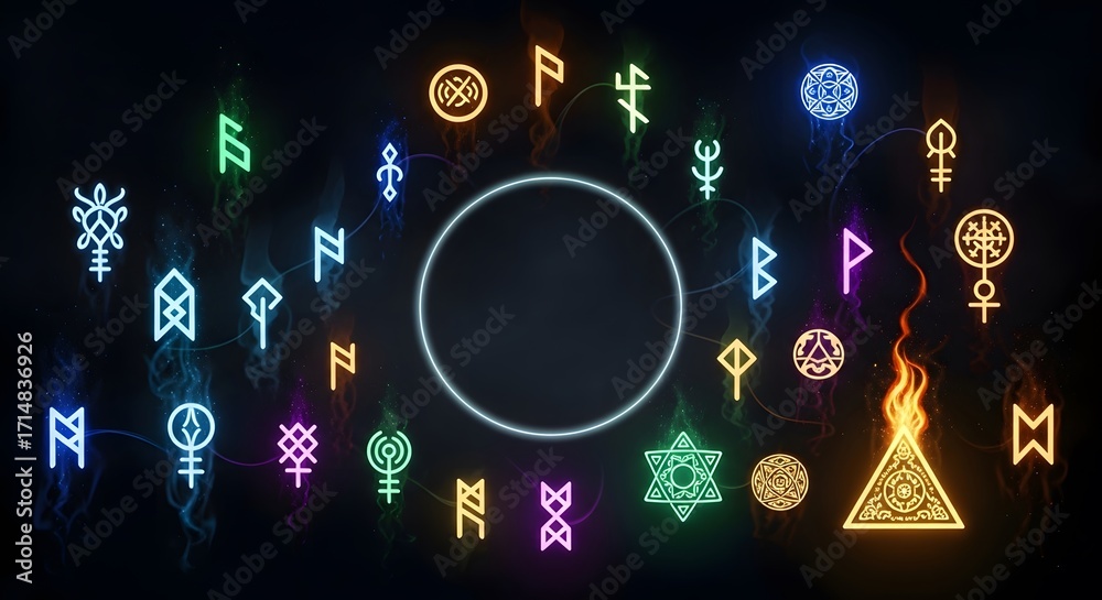 Foto de Stock Glowing Runes Encircle a Void, Mystical Symbols ...
