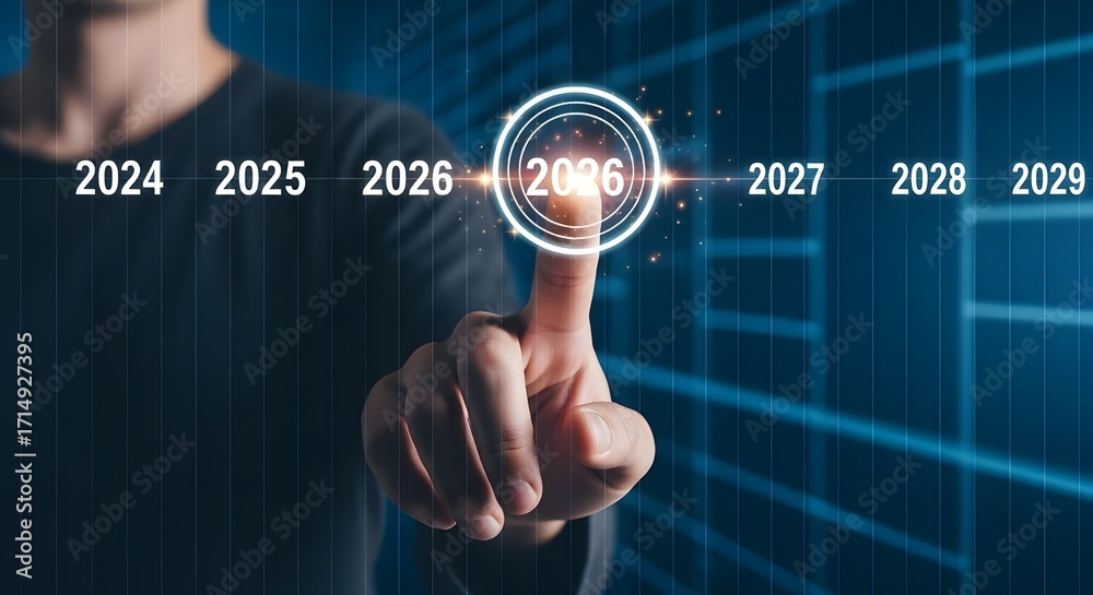 Finger pointing at the year 2026 on a futuristic timeline displays the ...