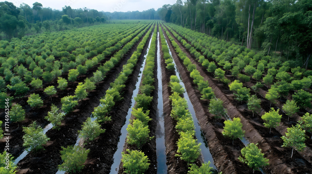 Bird's-eye view of a reforestation project, with thousands of tiny ...