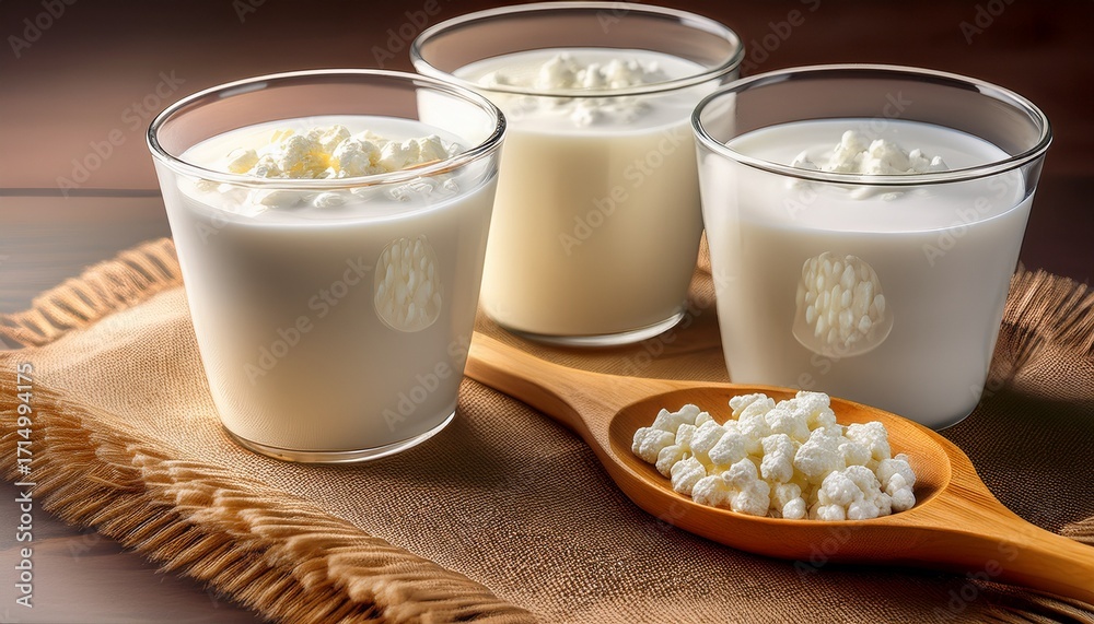 Stock-Foto „Kefir Grains In Wooden Spoon In Front Of Cups Of Kefir ...