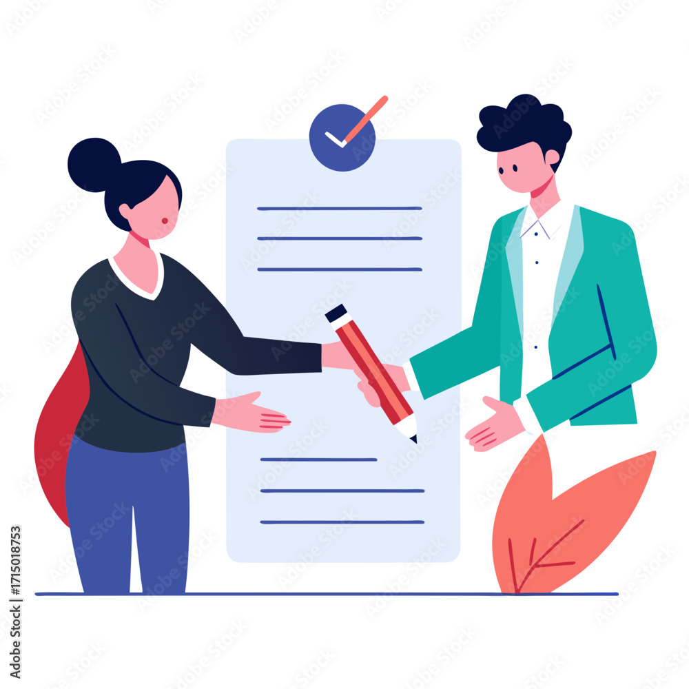 Man and woman signing a document with a large pencil and checklist ...