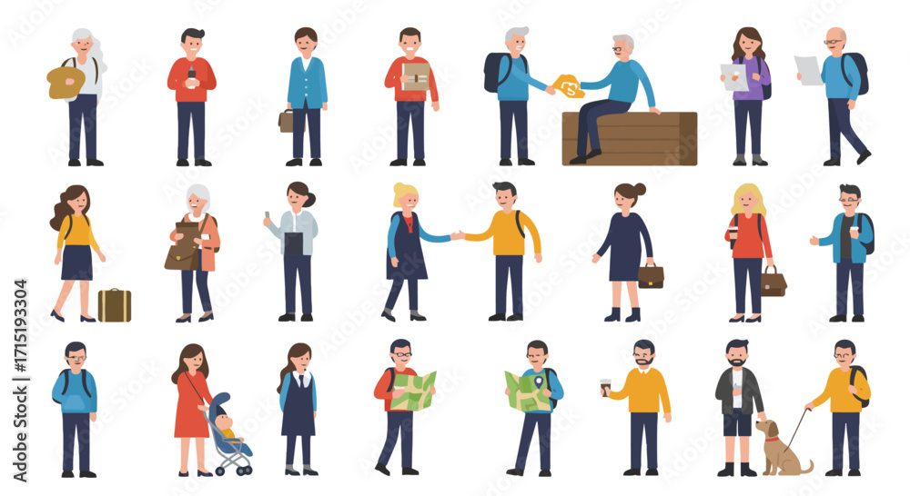 Various people depicted in different poses and carrying various items ...