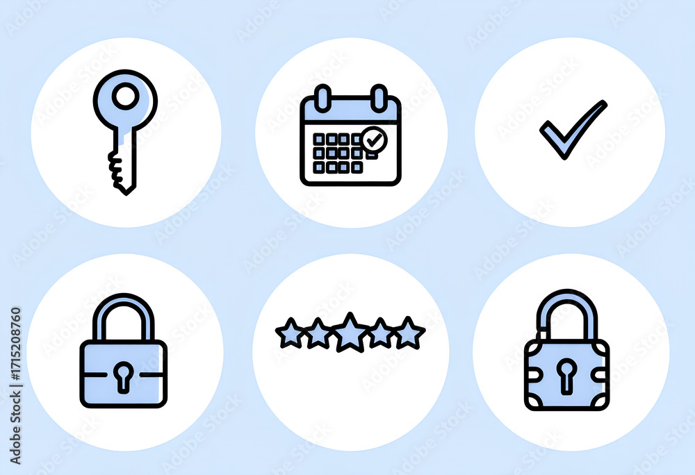 Flat lay of security and rating icons including a key, calendar ...