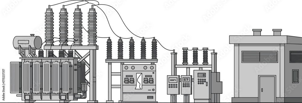 Electrical substation layout illustration, high voltage transformer ...