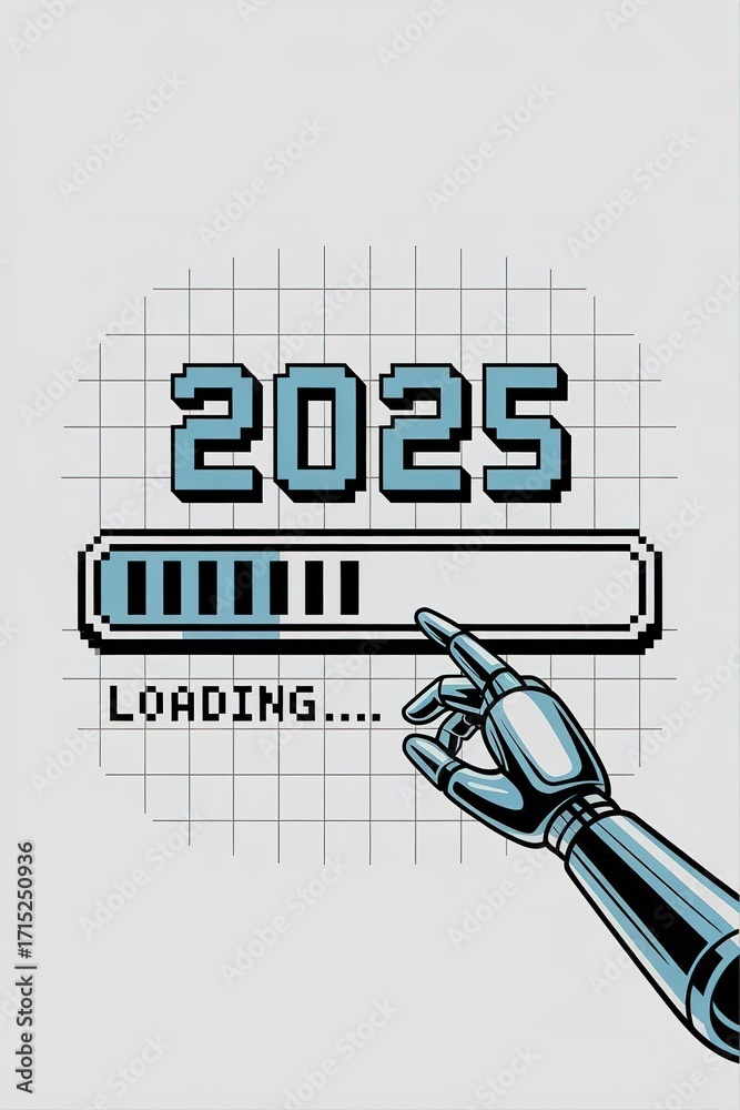 Pixelated 2025 Loading Screen with Robotic Hand on a Grid Backgr Stock ...